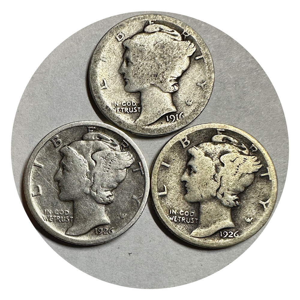 >Trio of U.S. Silver Mercury Dimes - 1916, 1926-D and 1926-S - 3 Coins ...