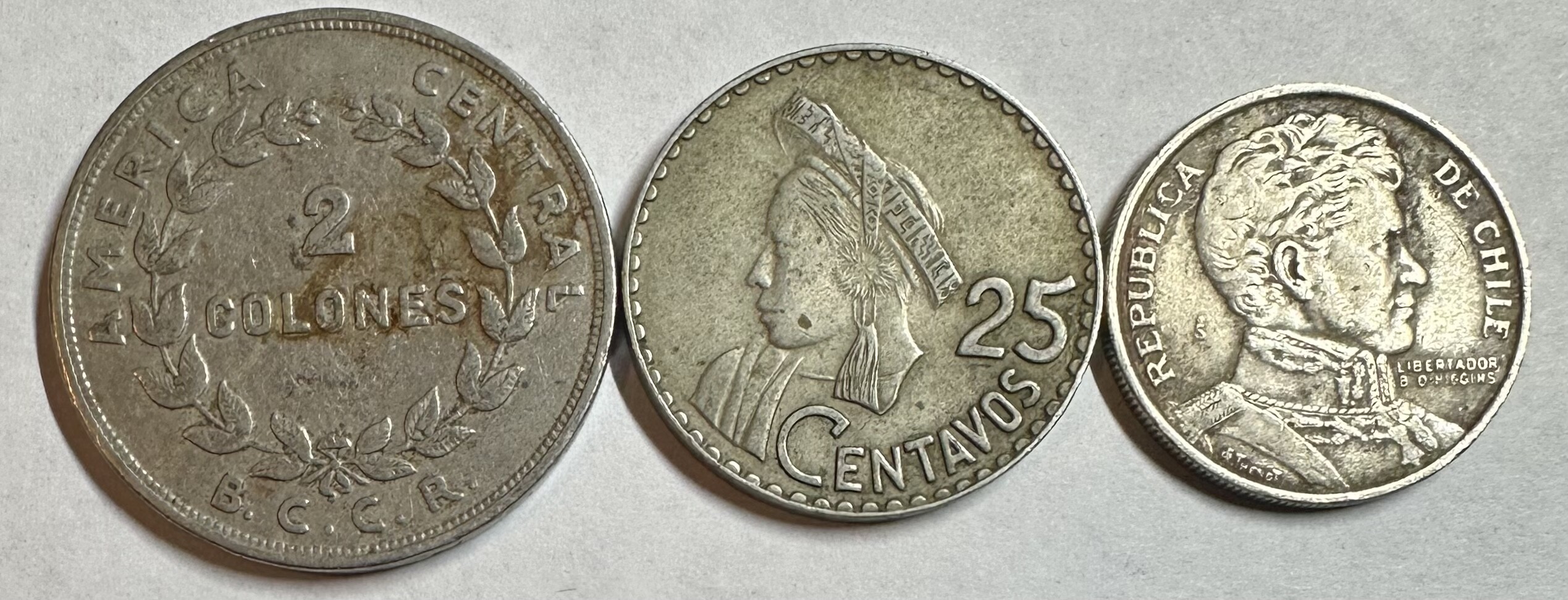 >1961 Costa Rica 2 Colones, 1966 Guatemala 25 Centavos and 1976 Chile 1 ...