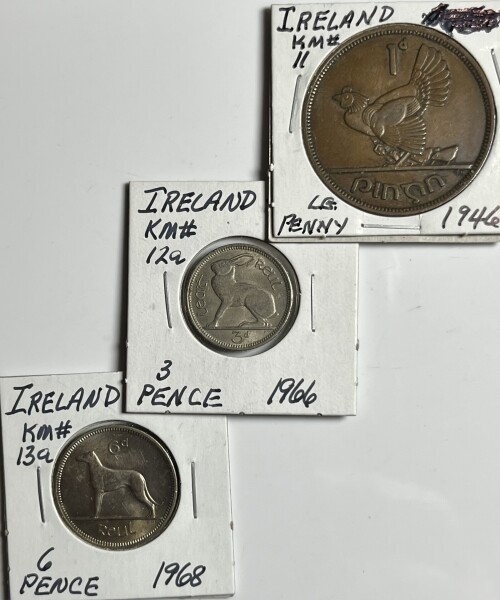 . 1946, 1966 & 1968 Ireland Large Penny, 3 & 6 Pence - 3 Coins ...