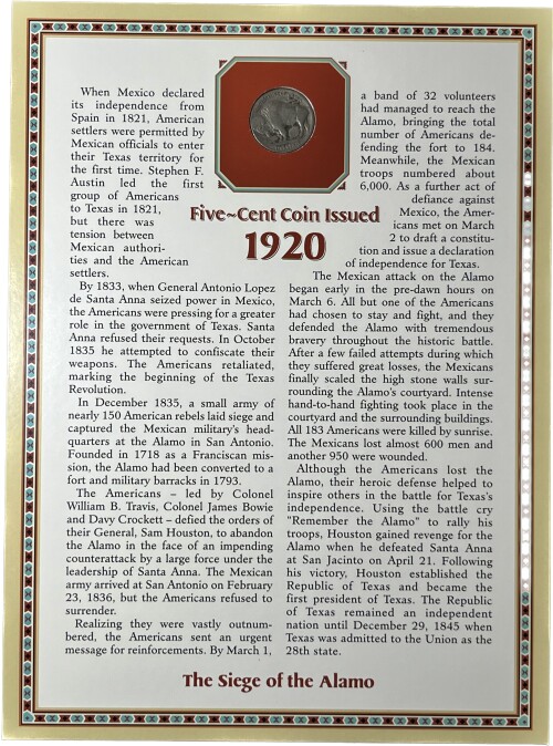 * 1920 U.S. Buffalo Nickel & 1936 3¢ Stamp - The Siege of the Alamo ...