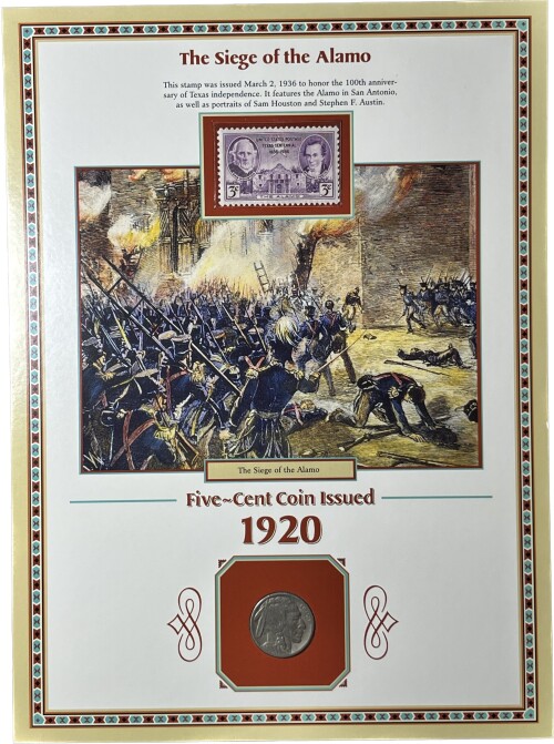 * 1920 U.S. Buffalo Nickel & 1936 3¢ Stamp - The Siege of the Alamo ...