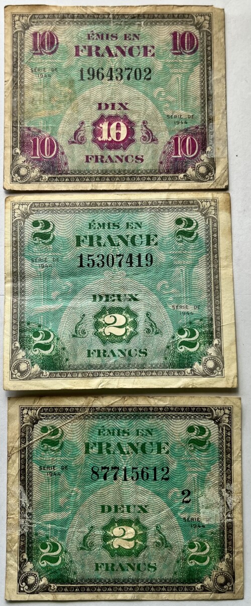 * 1944 Series France 10 & Pair of 2 Franc Notes - 3 Notes | Property Room