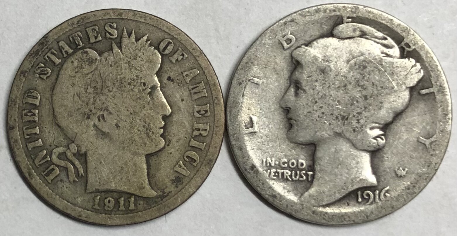 >1911 U.S. Silver Barber Dime and 1916 Silver Mercury Dime - 2 Coins ...