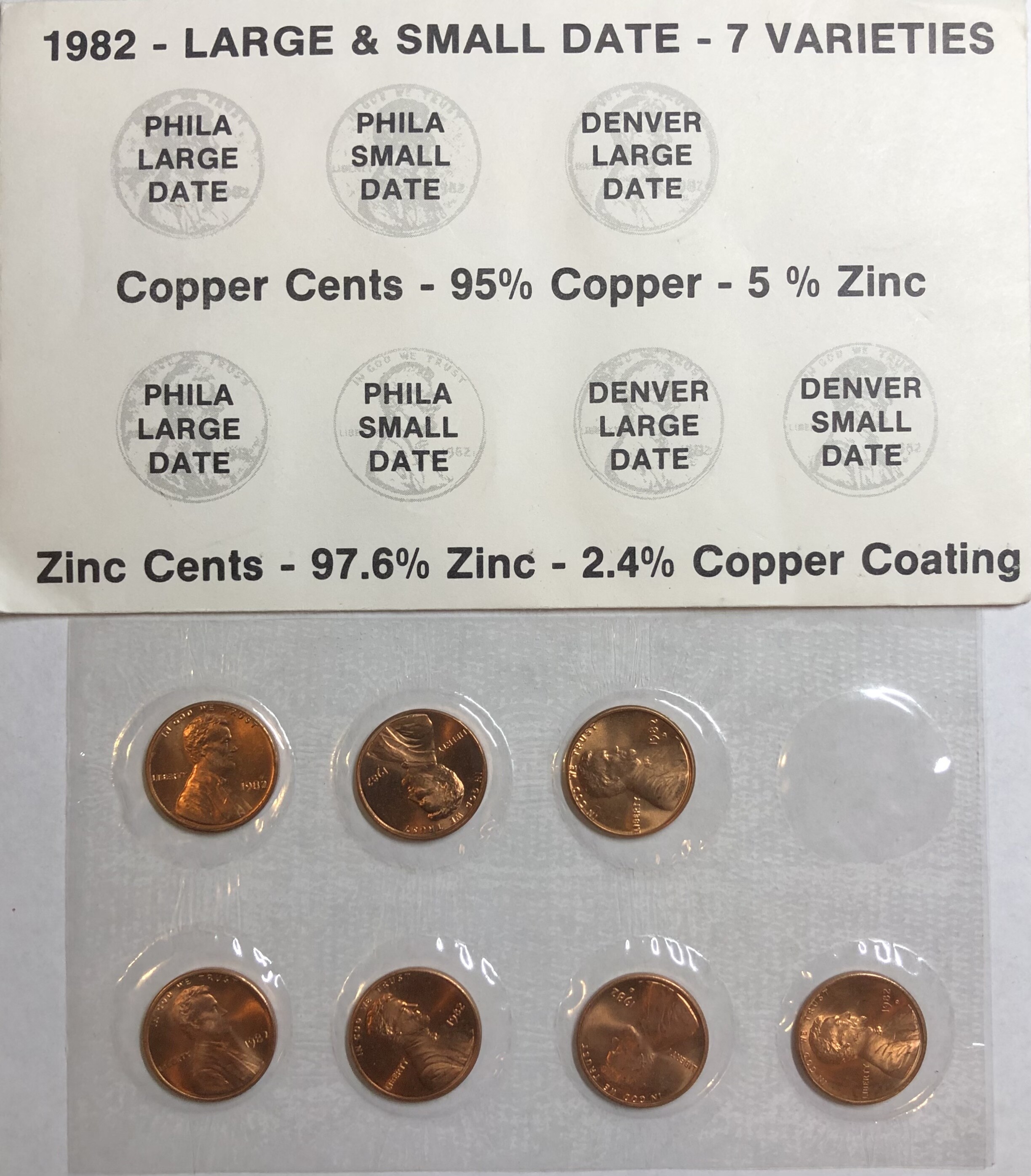 >1982 U.S. Lincoln Memorial Cents - 7 Varieties Large & Small Date ...