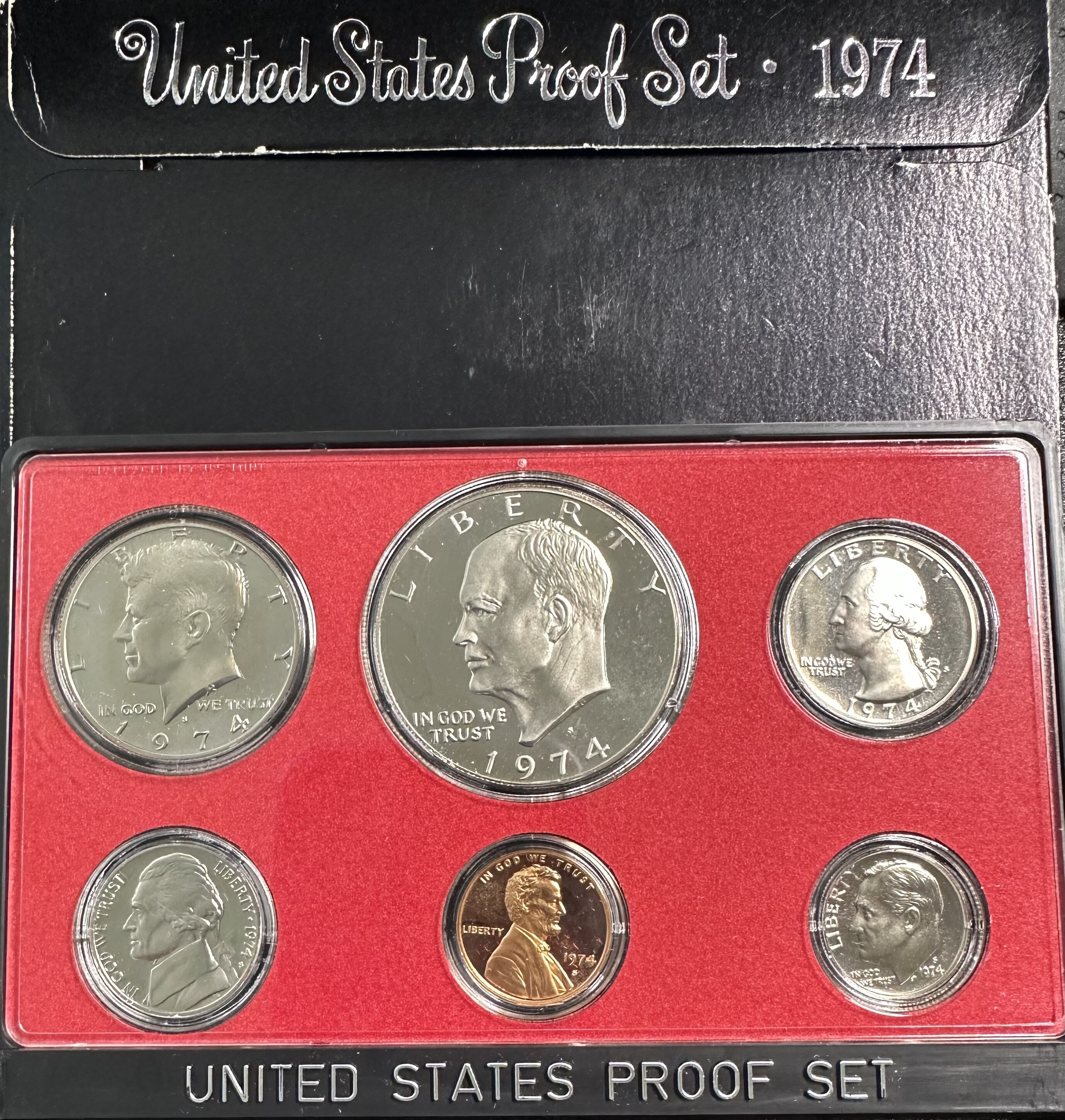 >1974-S U.S. Proof Set - 6 Coins Including Eisenhower Dollar and Kennedy Half in Original Mint ...