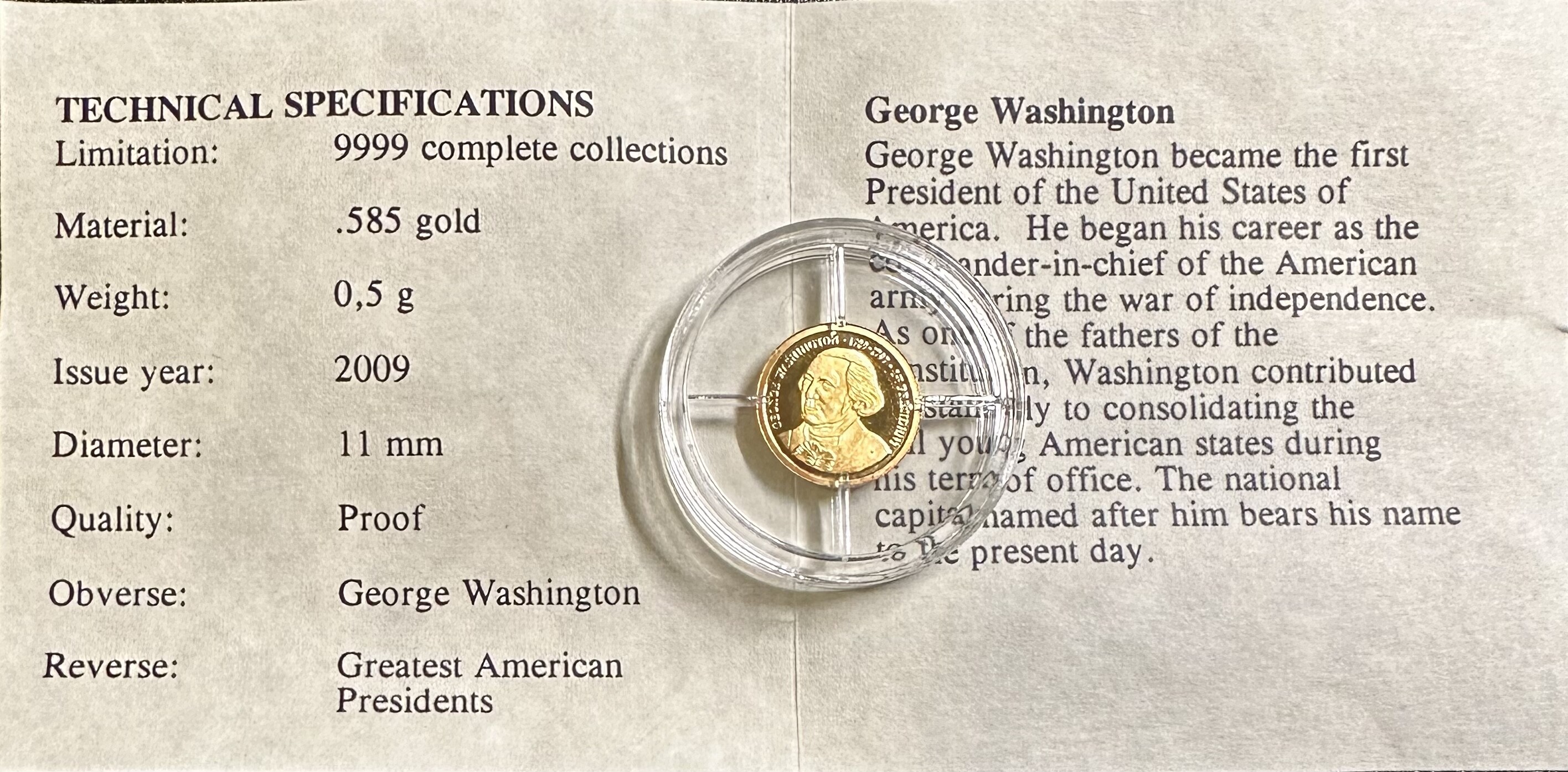 >2009 American Mint - George Washington - .585 Gold Layered Proof ...