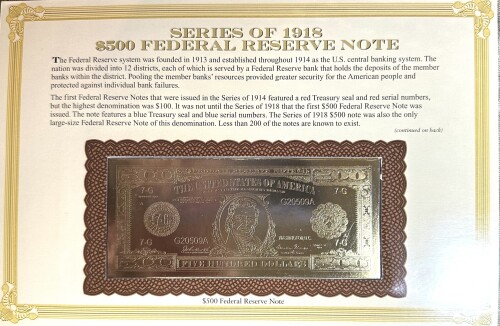 - Series of 1918 $500 Federal Reserve Gold Certificate - Gold Layered ...