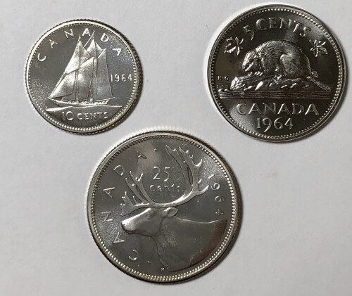 1964 Canada 3 Coin Set - Uncirculated 5 Cents, Silver 10 Cents, and 25 ...