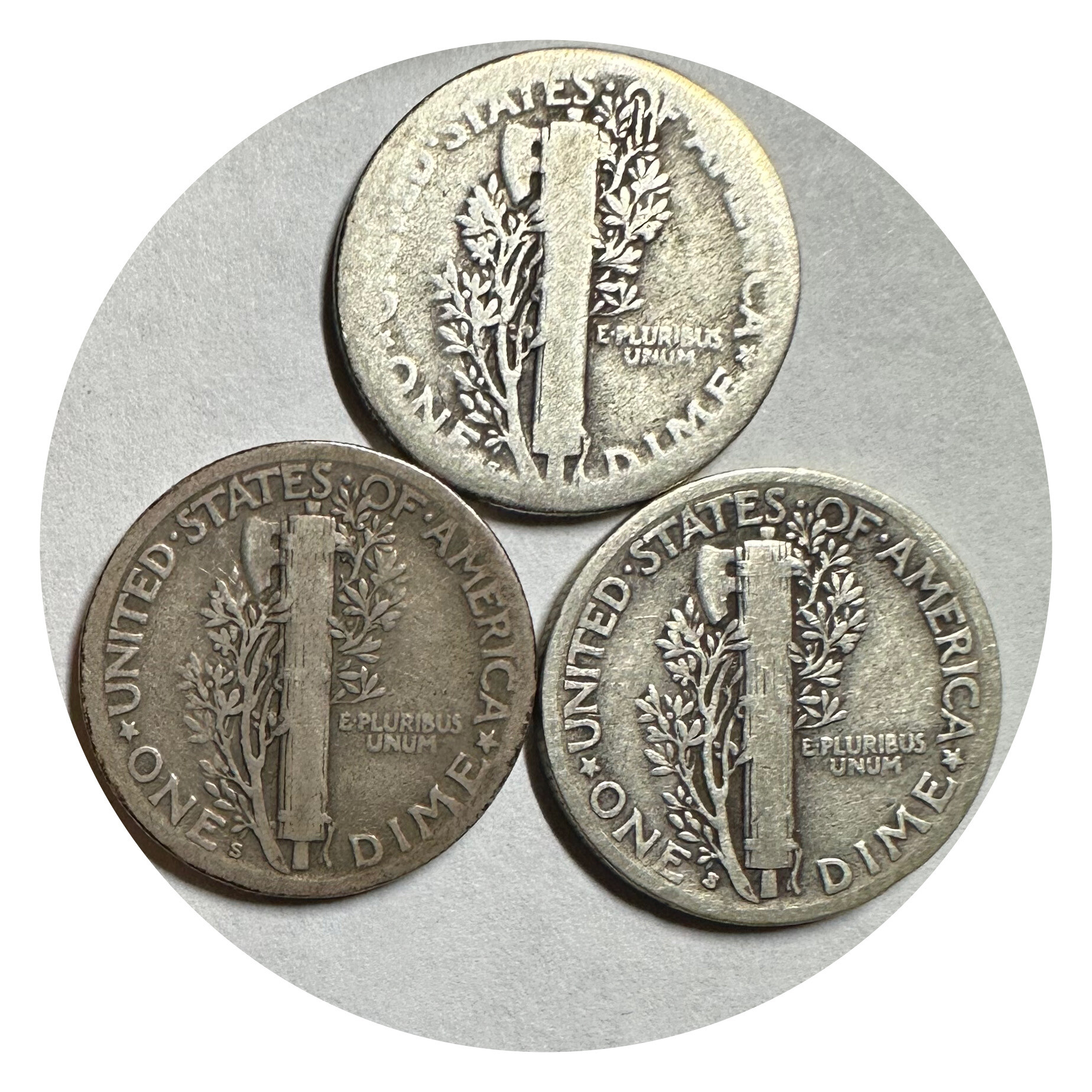 >Trio of U.S. Silver Mercury Dimes - 1920-S, 1926-S and 1938-S - 3 ...