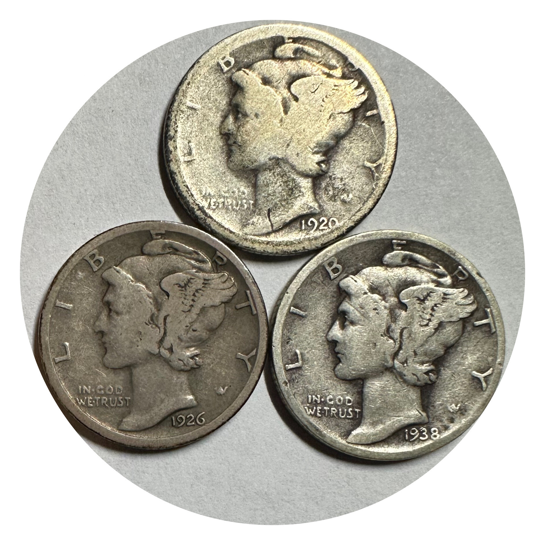 >Trio of U.S. Silver Mercury Dimes - 1920-S, 1926-S and 1938-S - 3 ...