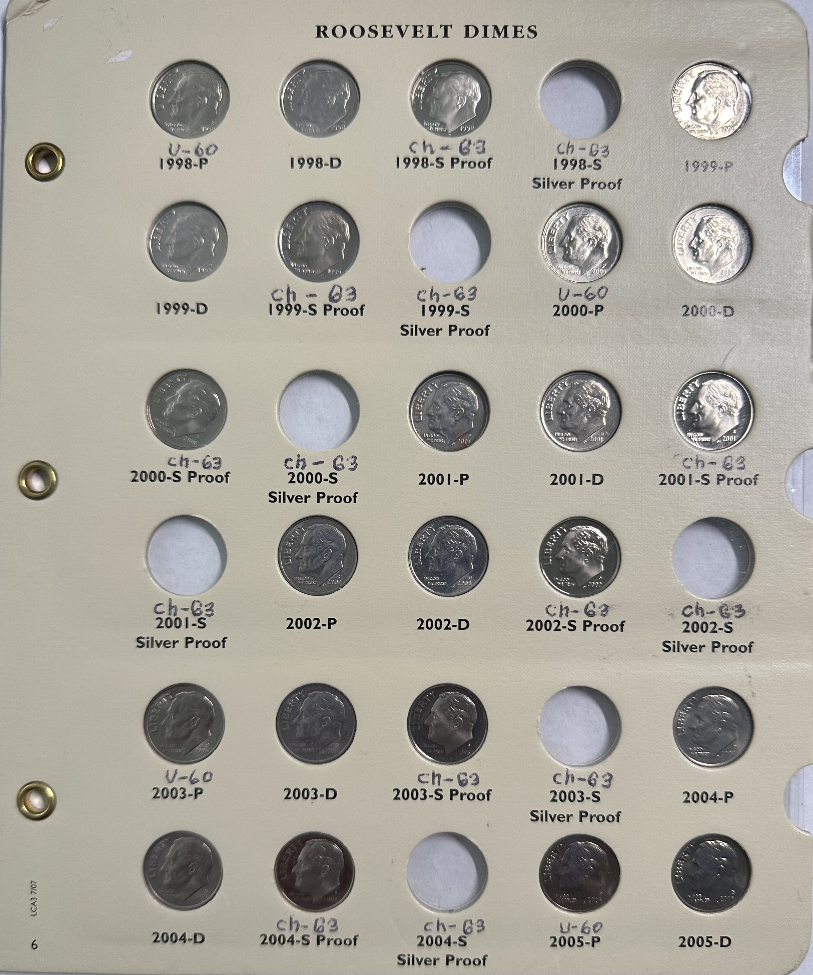 >Album Page of 1998-P to 2005-D Roosevelt Dimes - Some Proofs - 23 ...