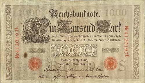 - 1910 German Empire 1,000 Mark Reichsbanknote - WWII | Property Room