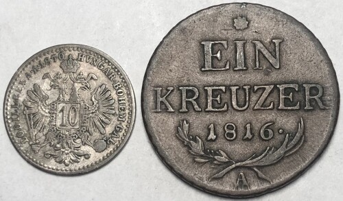 *1870 Austria Silver 10 Kreuzer & 1816-A Austria 1 Kreuzer - 2 Coins ...
