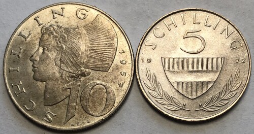 *1957 Austria Silver 10 Schilling & 1972 5 Schilling - 2 Coins ...
