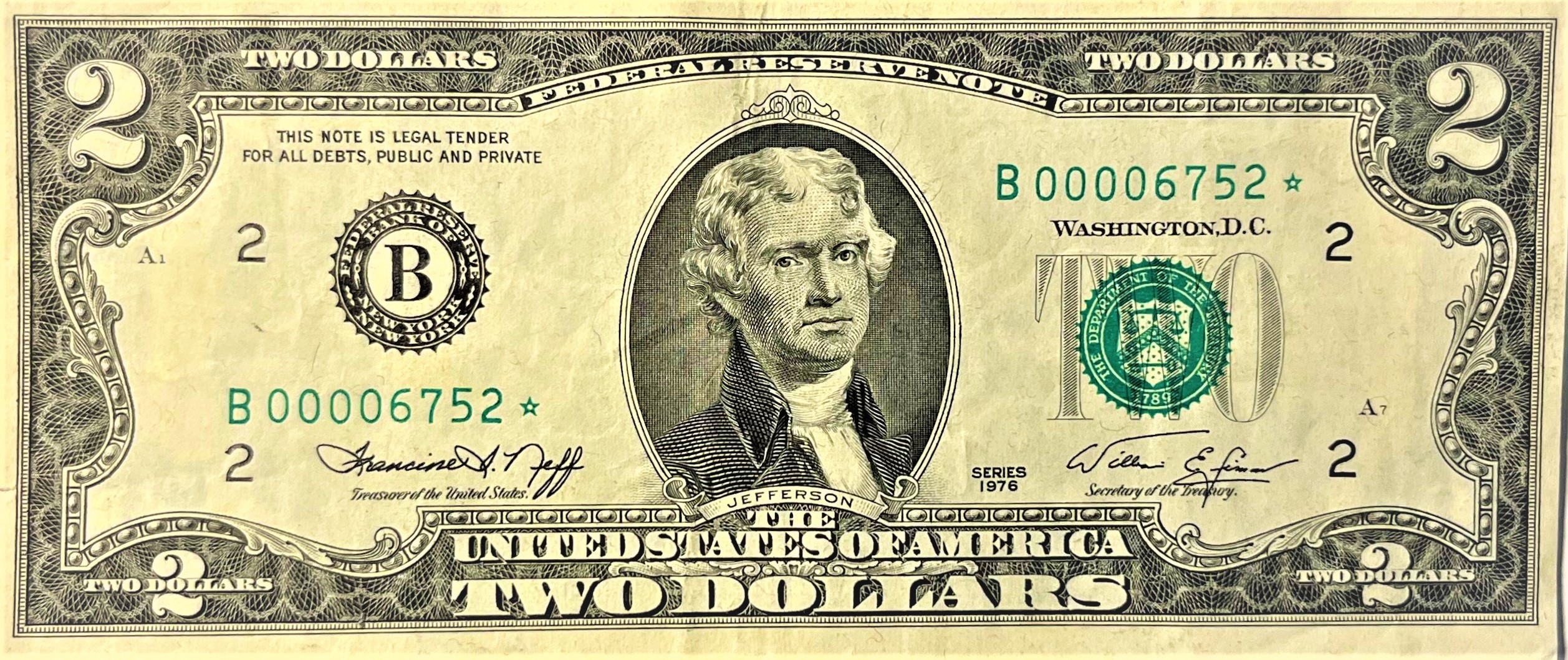 1976 U.S. $2 Currency *STAR* Note-Low Serial Numbered & Choice ...