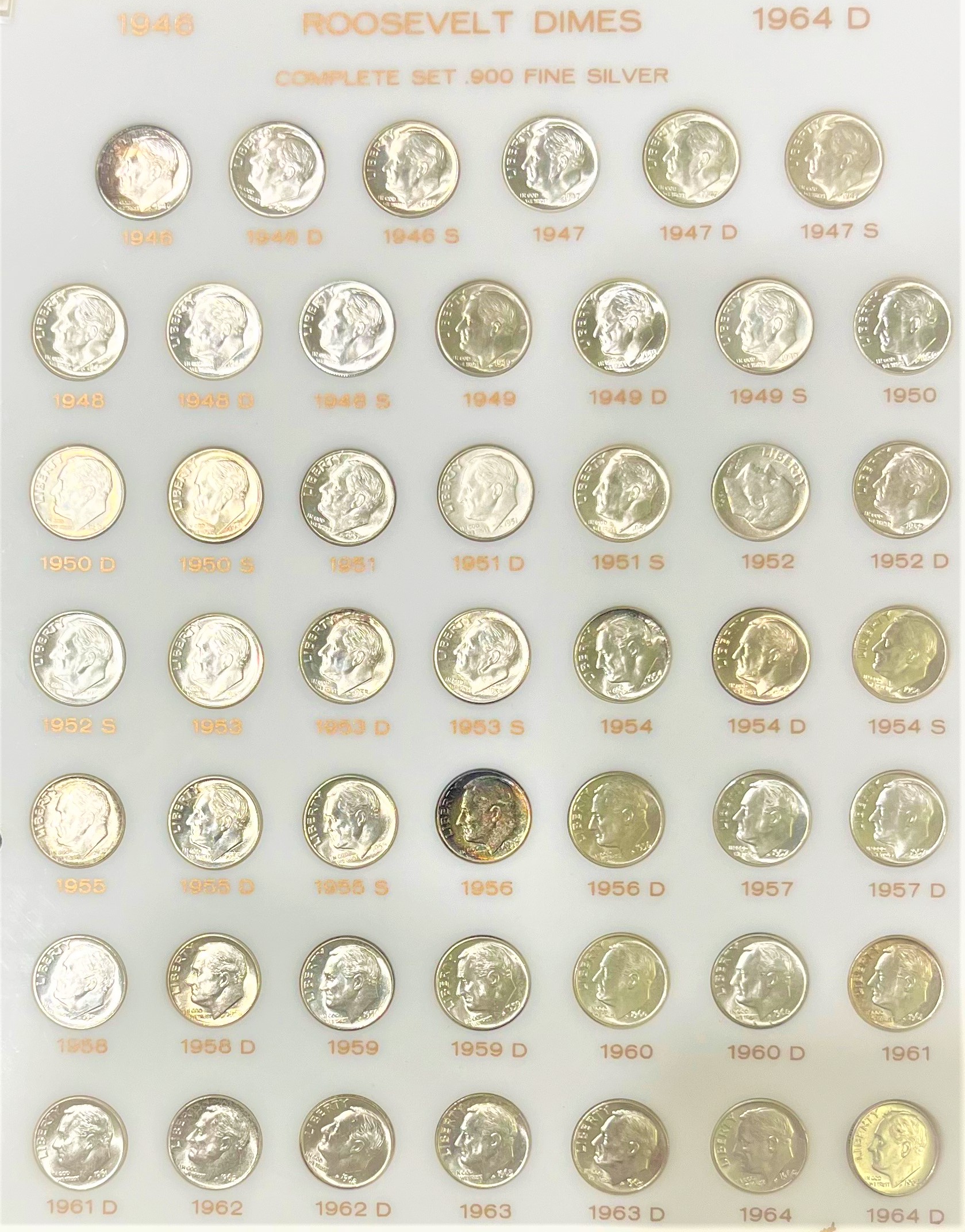 1946-1964 U.S. Silver Uncirculated Set Of Roosevelt Dimes (48 Coins) In ...