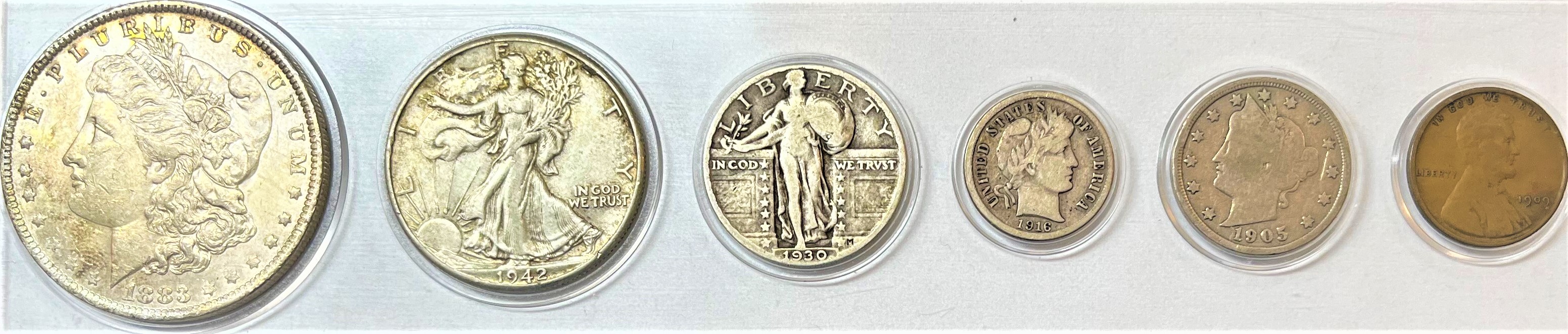 6 Piece Silver Type Set-1883-O Dollar, 1942 Half, 1930 Quarter, 1916-S ...
