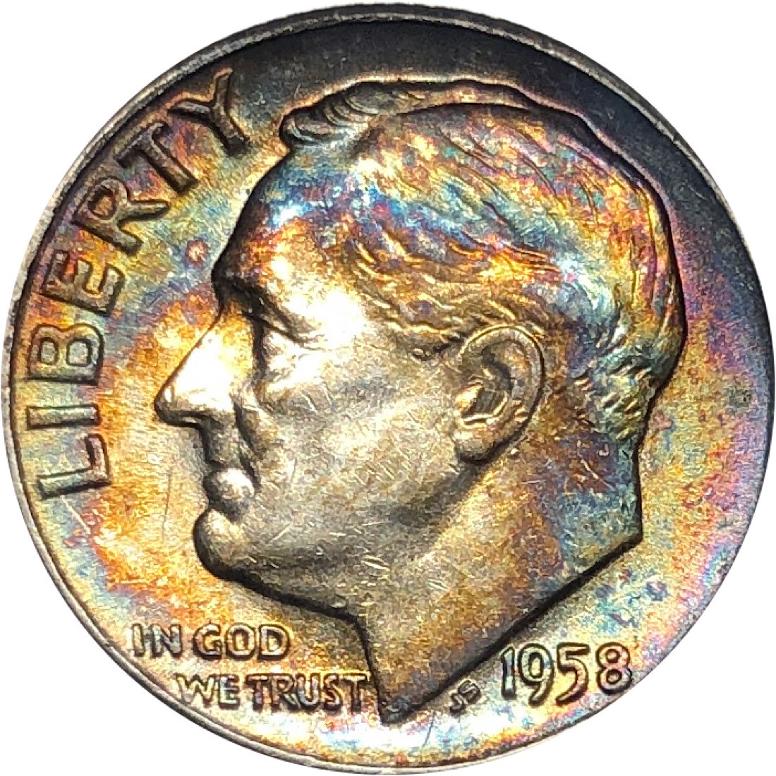 1958 US Silver Rainbow Toned Roosevelt Dime | Property Room