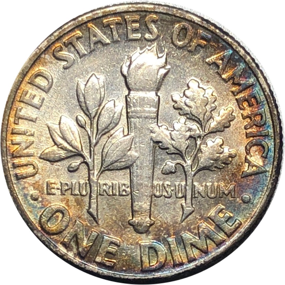 1958 US Silver Rainbow Toned Roosevelt Dime | Property Room
