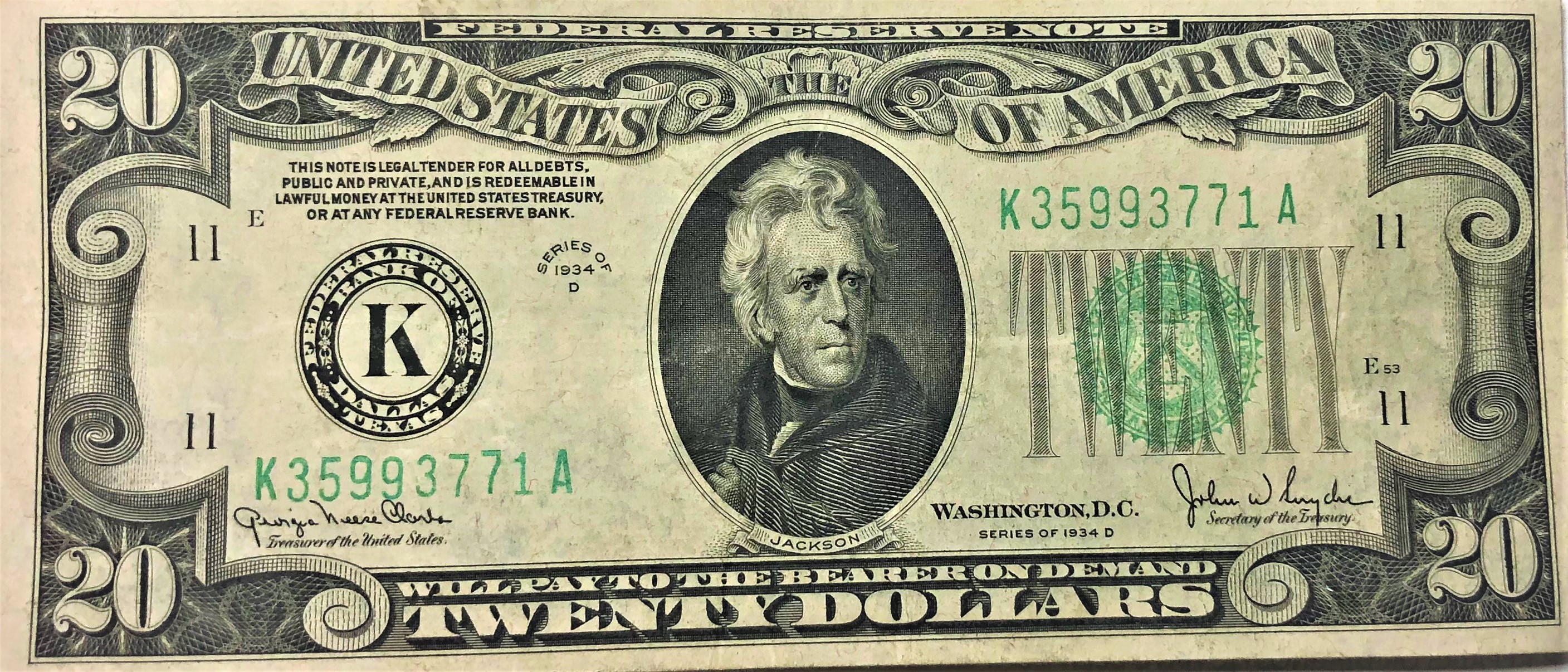 1934D Series $20 US Federal Reserve Note-Nice Circulated Example ...