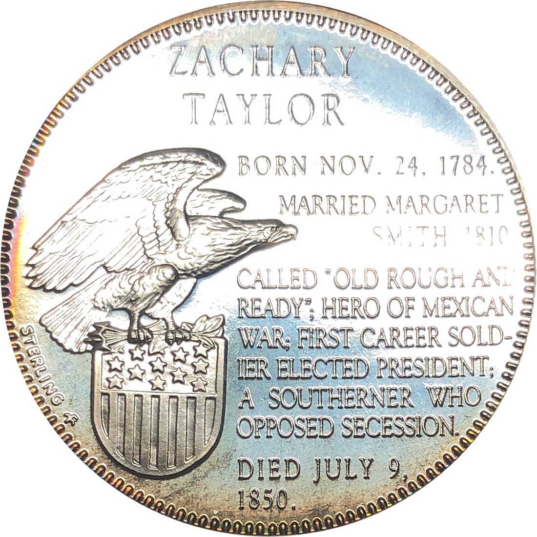 Amazingly Rainbow Toned 1 1/4 Troy Ounce Zachary Taylor Silver Round ...