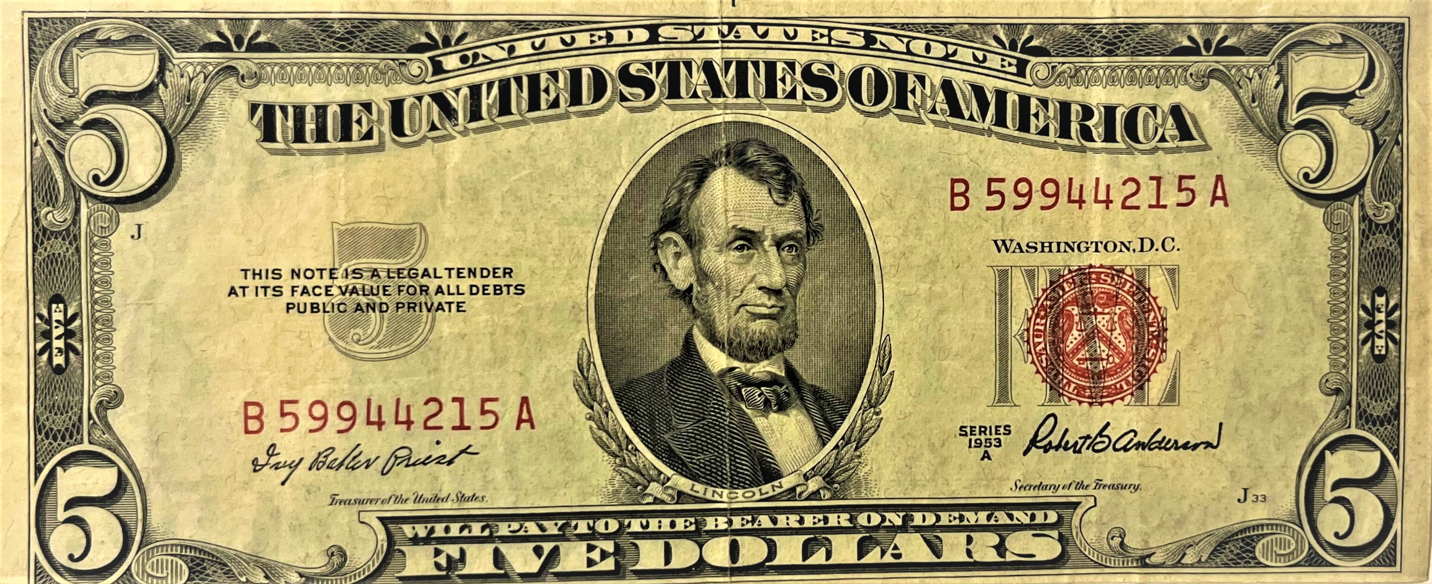 1963 A U.S. $5 Red Seal Note-Average Circulated Condition | Property Room