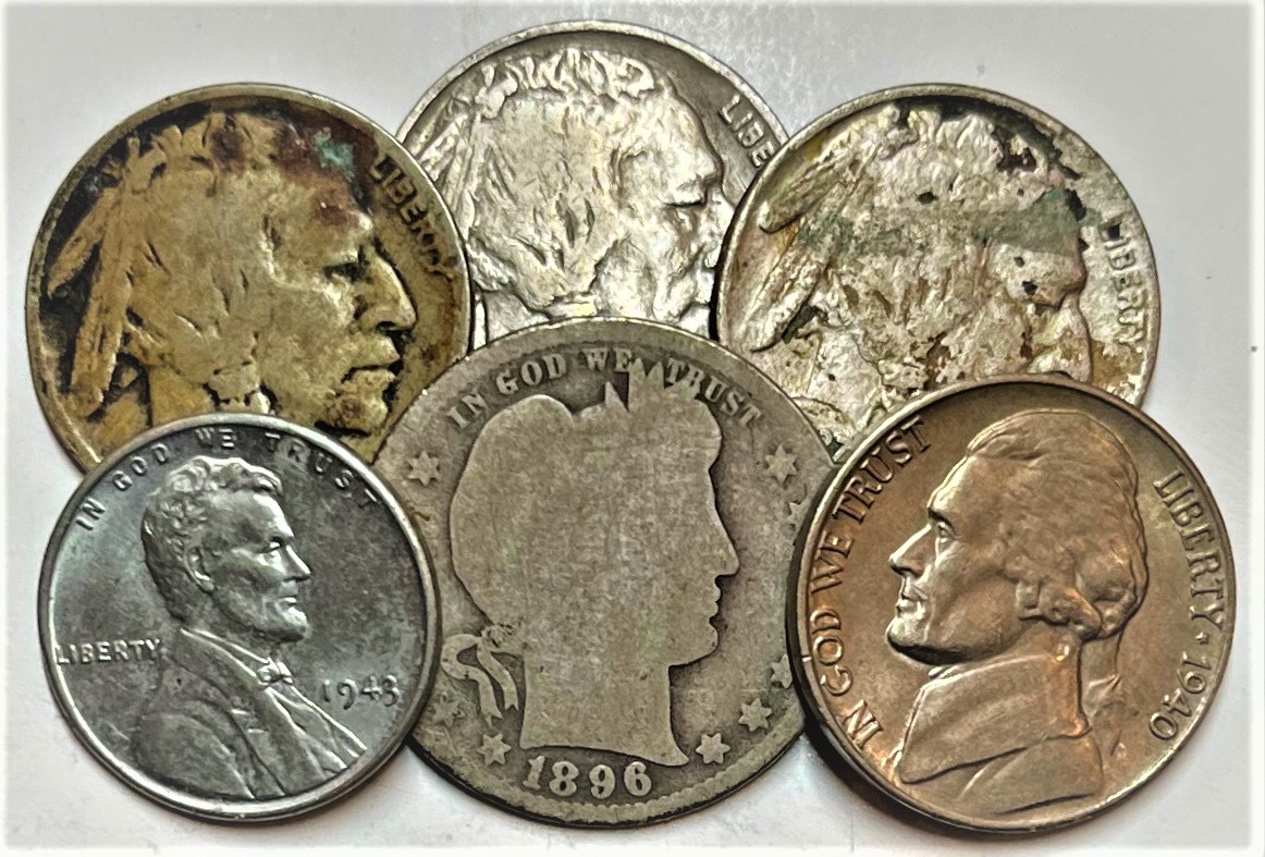 6 Piece U.S. Coins-Silver Barber Quarter, 1943 Steel Cent, Buffalo ...