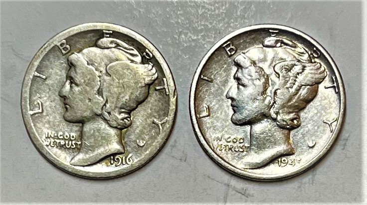 First & Last! 1916-S & 1945-S U.S. Silver Mercury Dimes-Collector Grade ...