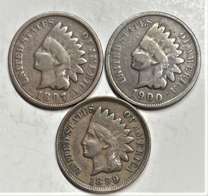 (3) U.S. Indian Head Cents 1897, 1899 & 1900-Nice Collector Coins ...