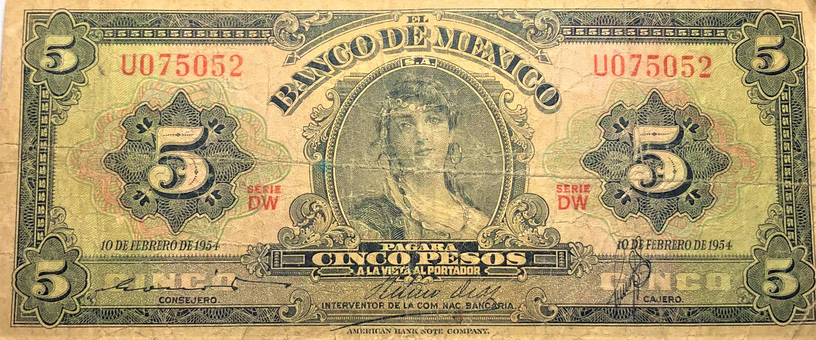 1954 Mexico Cinco (5) Peso Currency Note | Property Room