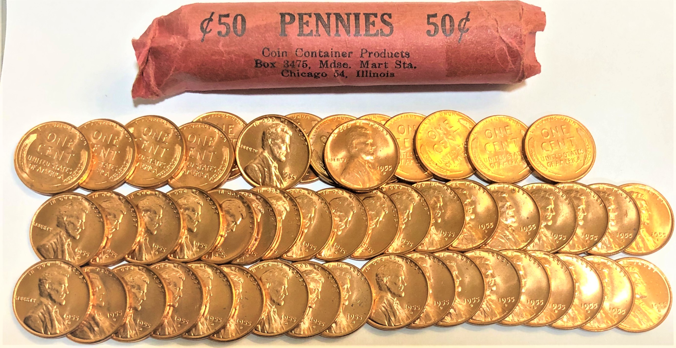 1955-D US Lincoln Cent Original RED Roll (50 Coins) Stunning Gem ...