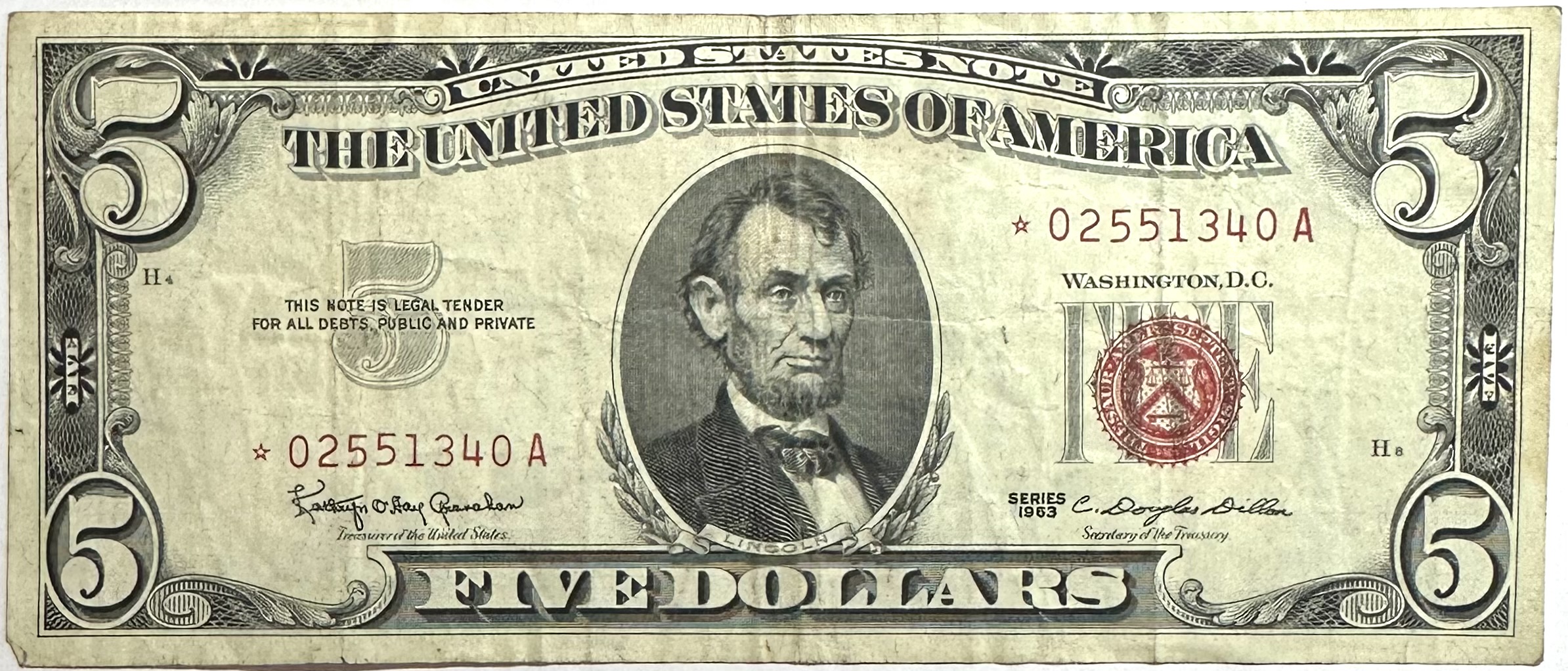 1963 Series U.S. Crisp Five ($5) Dollars Currency *STAR* Note - Red ...