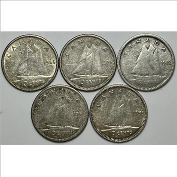 . Set of 5 Silver Canada Dimes - 1942, 1953, 1956. 1964 &1966 ...