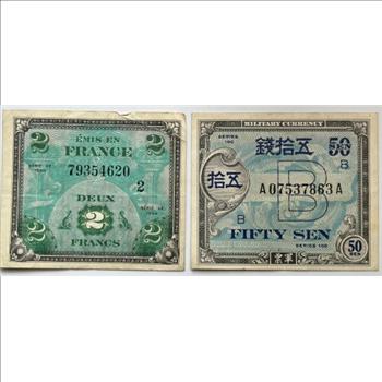 1944 France 2 Deux Francs Note & Japan WWII Series 100 Military ...