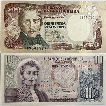 >Crisp Colombia Currency - 1993 500 Pesos and 1980 10 Pesos Notes - 2 ...