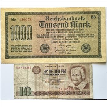 * 1922 German Reichsbanknote - 1,000 Mark and 1971 East Germany 10 Zehn ...