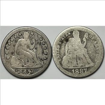 * 1843 and 1887 U.S. Silver Seated Liberty Dimes - Set of 2 | Property Room