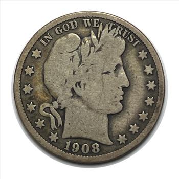 - 1908 U.S. Silver Barber Half Dollar - Excellent Detail | Property Room