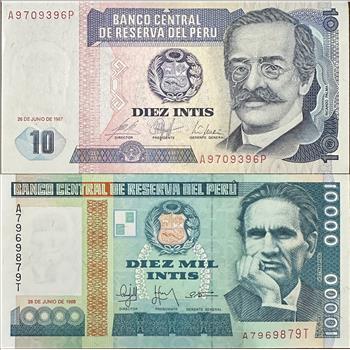 Peru Paper Currency - Very Crisp 10 Intis and 10,000 Intis, Vibrant ...