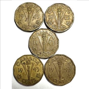 Group of 5 1943 Canada Five Cent Coins - 12 Sided Coin! | Property Room