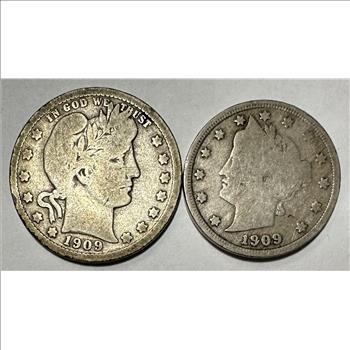 1909-D U.S. Silver Barber Quarter and 1909 Liberty "V" Nickel ...