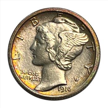 1916 U.S. Silver Mercury Dime with Crescent Rainbow Toning | Property Room