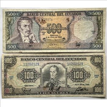 1988 and 1990 Ecuador Banco Central Del Ecuador 500 & 100 Quito Bank ...