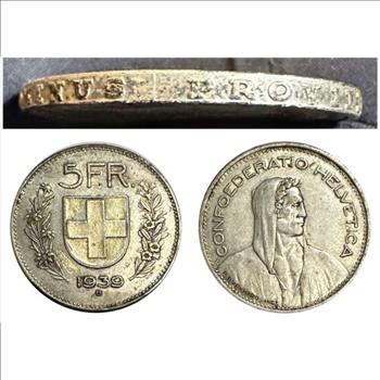 - 1939 B Switzerland Silver 5 Francs (Herdsman) - Small Type - Edge ...