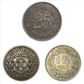 1918 Germany Coblenz Iron 25 Pfennig, 1859 Switzerland Helvetia 20 ...