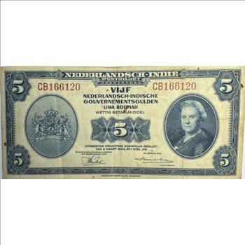 - 1943 Netherlands East Indies 5 Gulden Banknote Currency - WWII Paper ...