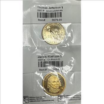 Two Uncirculated U.S. Presidential $1 Coins - 2007-P - Thomas Jefferson ...