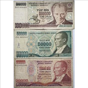 1970 Turkey Paper Currency - 100,000, 50,000 and 20,000 Lirasi Notes ...