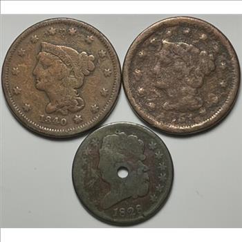 . 1840, 1851 U.S. Liberty Braided Hair Large Cents & 1828 Holed 12 Star ...
