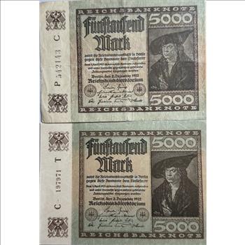 - 1922 German Funflaufend 5000 Mark - Reichsbank Banknote - 2 Banknotes ...